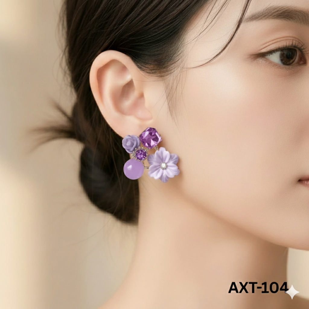 AXT-104 Purple Flower Crystal Korean Earrings By BSM – BSM WHOLESALE